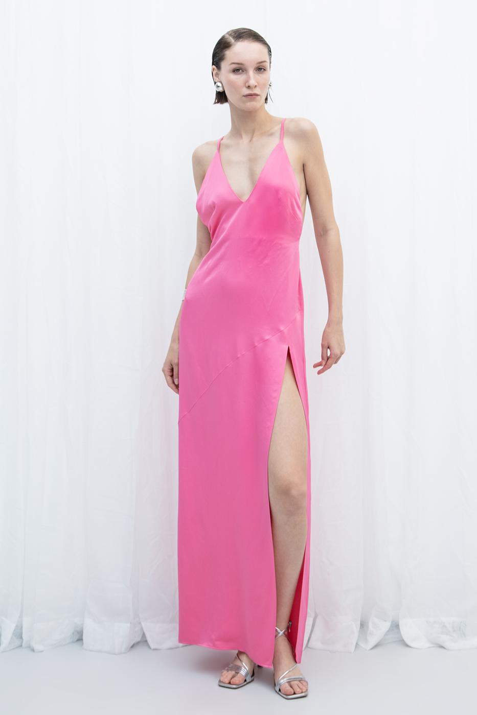 Pink Satin Strappy Maxi Dress