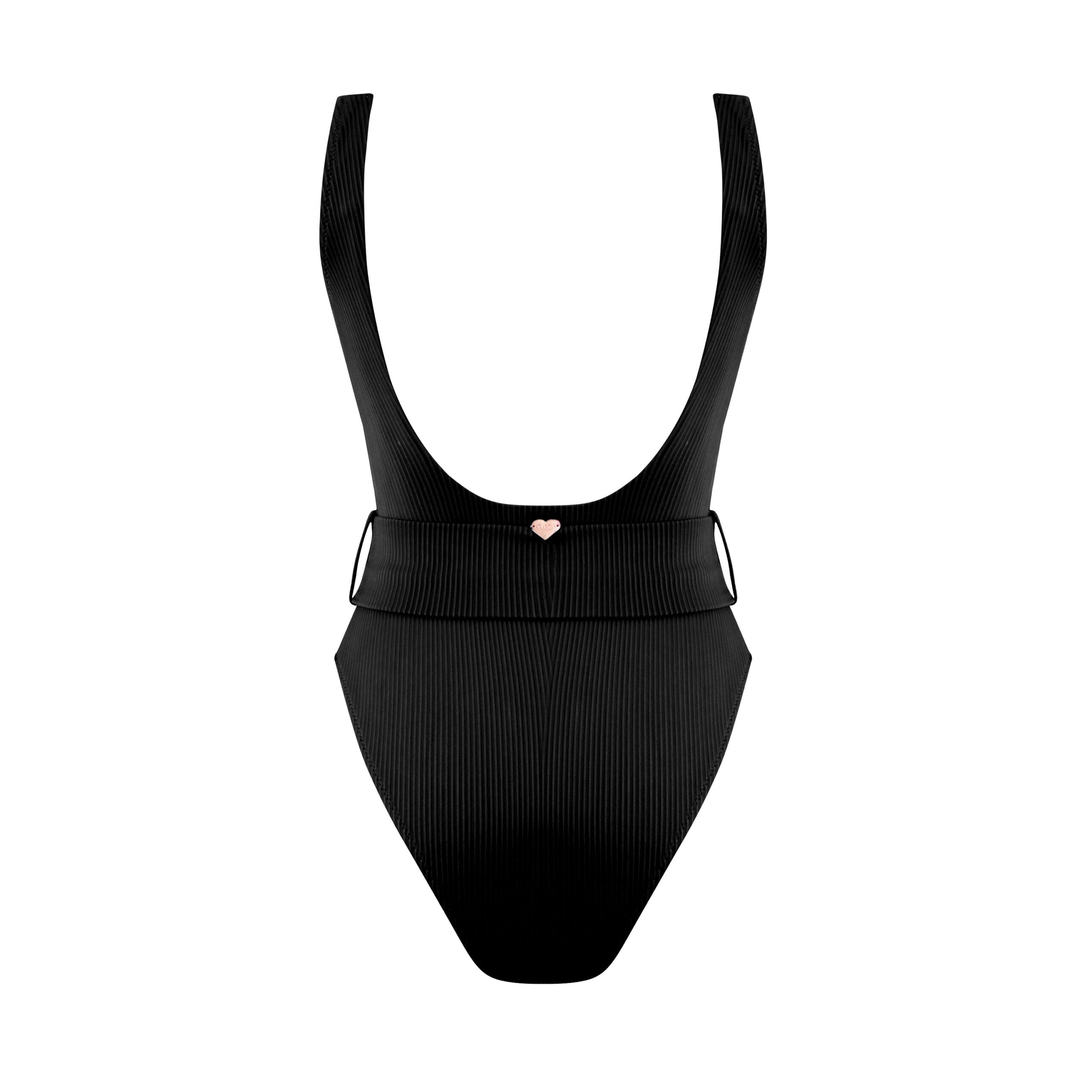 Emily Black Swimsuit With Rose Gold Belt Buckle Accessory - Porterist